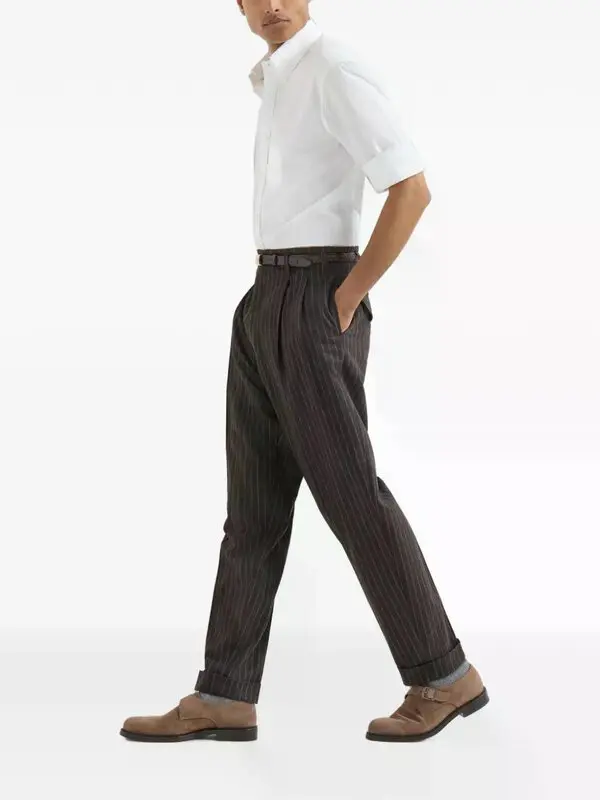 Brunello Cucinelli Virgin Wool And Cashmere Chalk Stripe Trousers With Double Pleats - Brown