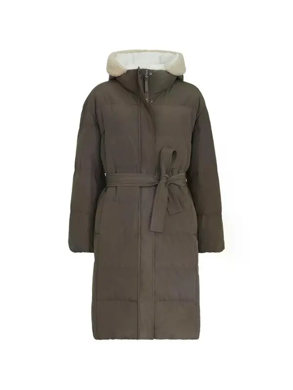 Brunello Cucinelli Techno Cotton Taffeta Down Coat With Shearling Inserts And Shiny Zipper Pull - Brown