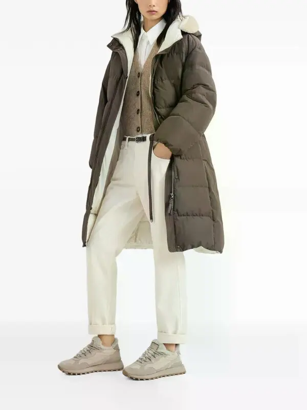 Brunello Cucinelli Techno Cotton Taffeta Down Coat With Shearling Inserts And Shiny Zipper Pull