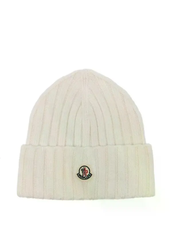 Moncler Logo Patch Ribbed Knit Beanie - White