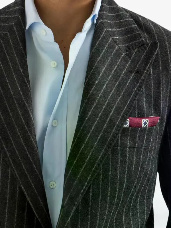 Brunello Cucinelli Virgin Wool And Cashmere Chalk Stripe Flannel Deconstructed Blazer With Large Peak Lapels And Metal Buttons - Grey