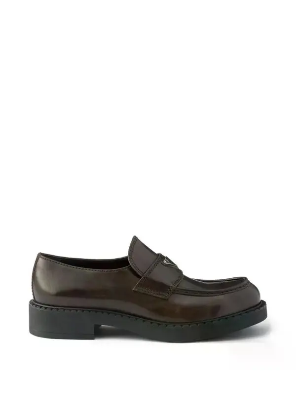 Prada Aged Leather Loafers With Enamelled Triangle Logo - Brown