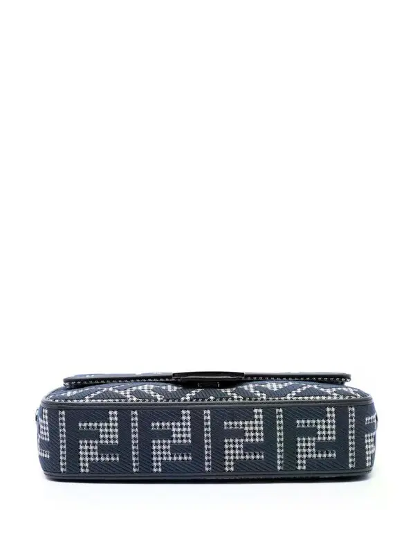 Fendi Ff Embroidered Wool Houndstooth Baguette Satchel - Grey
