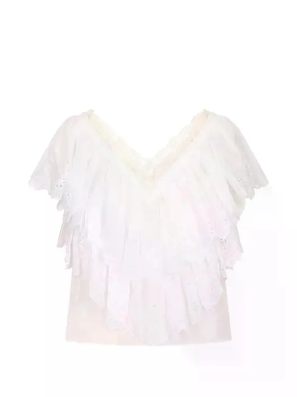 Chloé Cropped V-neck Ruffle Top In Cotton Voile & Lace - White