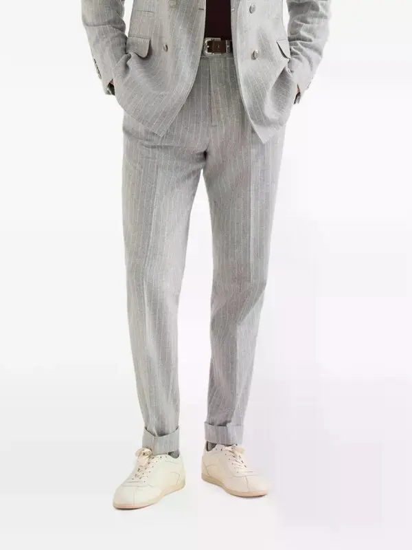 Brunello Cucinelli Virgin Wool And Cashmere Chalk Stripe Flannel Trousers With Pleat - Grey