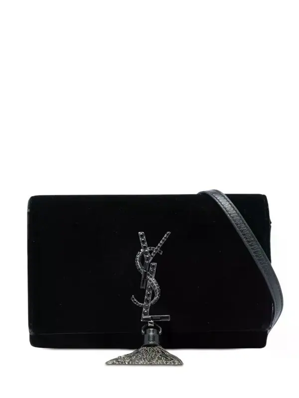 Saint Laurent 2018 Velvet Crystal Monogram Kate Tassel Wallet On Chain Crossbody Bag - Black
