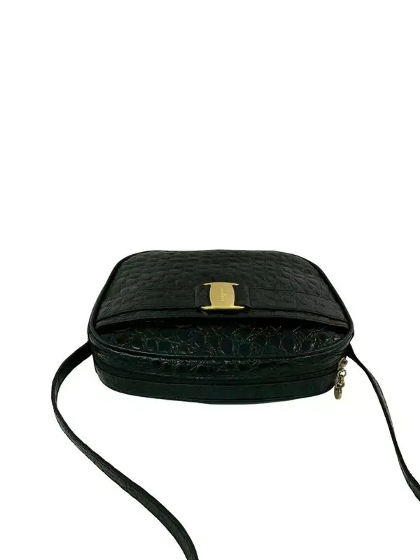 FERRAGAMO 2010-2026 Croc Embossed Leather Vara Crossbody Bag - Black