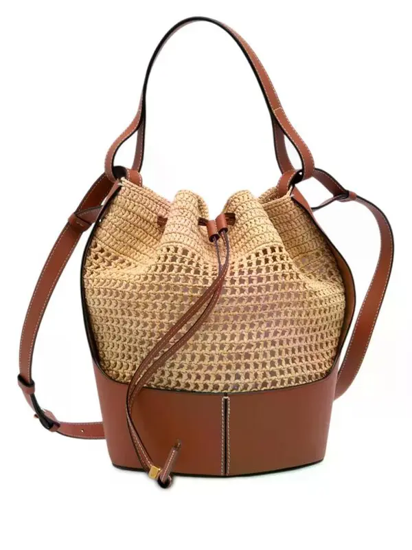 Loewe 2020 Small Raffia And Calfskin Balloon Bucket Bag Satchel - Brown