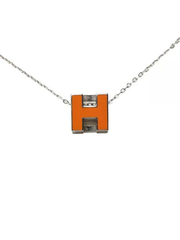 Hermès Palladium Plated Lacquered Cage 'h' Pendant Necklace - Orange