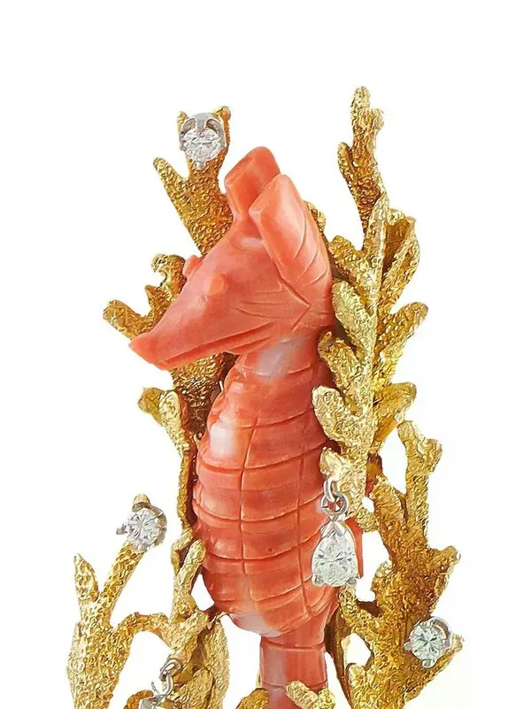 LB EXCLUSIVE 18k Yellow Coral Seahorse Diamond Brooch - Gold