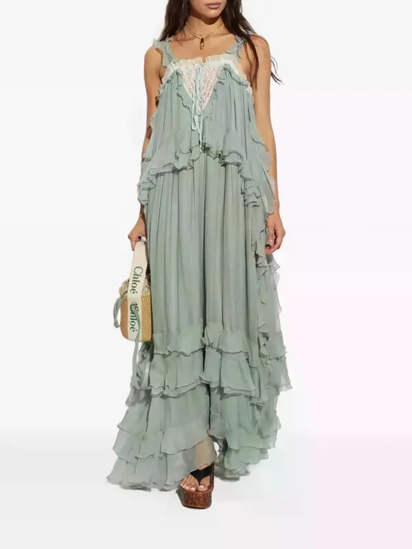 Chloé Sleeveless Layered Long Dress In Silk Mousseline & Lace - Green
