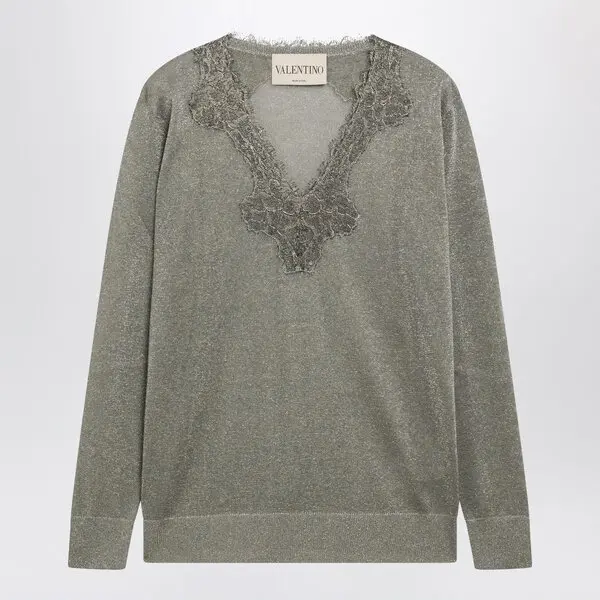 Valentino Garavani Viscose Blend Lace V-neck Sweater - Silver