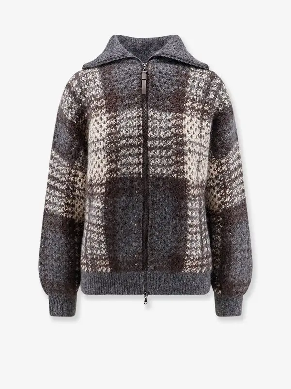 Brunello Cucinelli Intarsia And Micro-sequin Embroidered Zip-up Cardigan - Cream