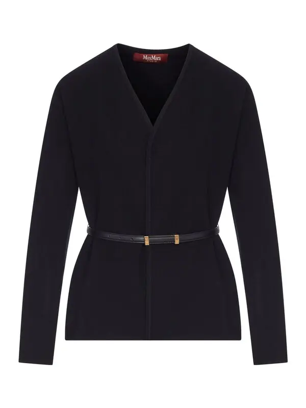 Max Mara Wool Cardigan With Leather Profiles And Belt - Black