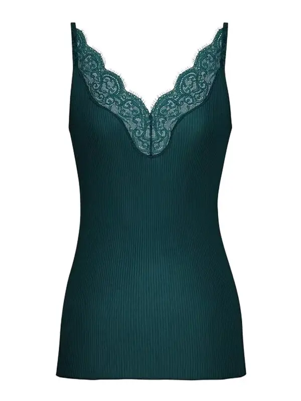 Saint Laurent Ribbed Silk Tank Top With Lace Trim - Multicolor