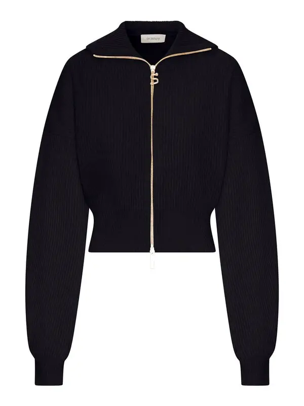 Sportmax Ribbed Wool Cardigan With Wide Collar And Zipper - Black