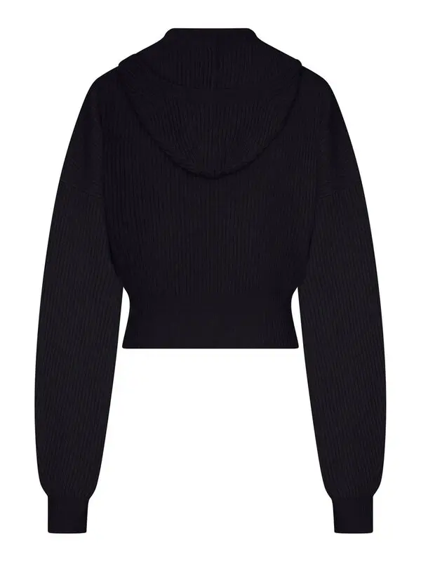 Sportmax Ribbed Wool Cardigan With Wide Collar And Zipper - Black