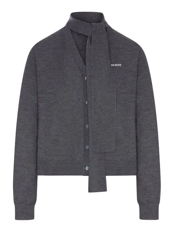 Miu Miu Wool Cardigan With Scarf And Logo - Gray