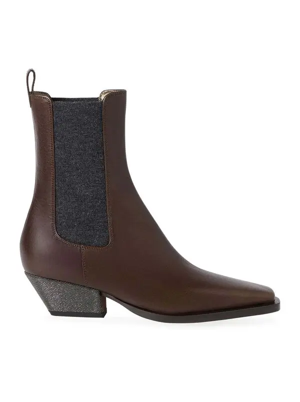 Brunello Cucinelli Chelsea Boots In Vitello Riding With Embellished Heel - Brown