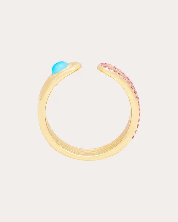 CAMPBELL + CHARLOTTE 14k Yellow Gold Turquoise Cabochon And Pink Sapphire Open Ring