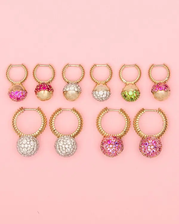 CAMPBELL + CHARLOTTE Ruby Revel Mini Bobble Huggie Earrings In 14k Yellow Gold With Rubies And Sapphires
