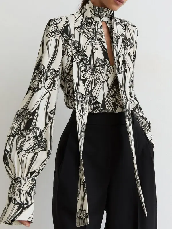 REISS Kennedy Silk Floral-print Tie-neck Blouse