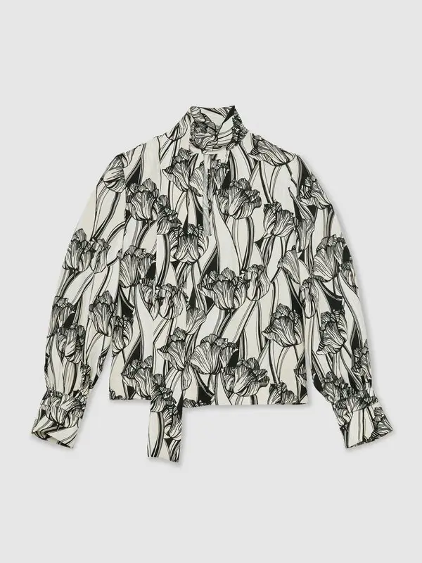 REISS Kennedy Silk Floral-print Tie-neck Blouse