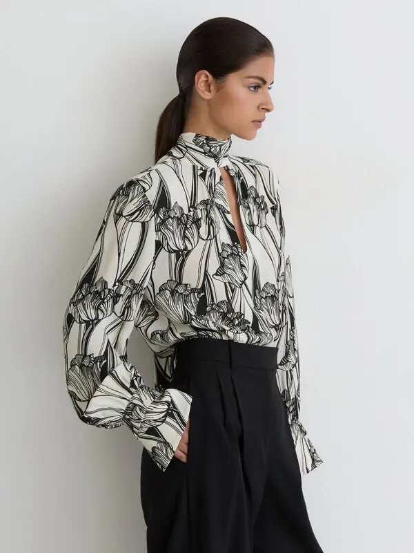 REISS Kennedy Silk Floral-print Tie-neck Blouse