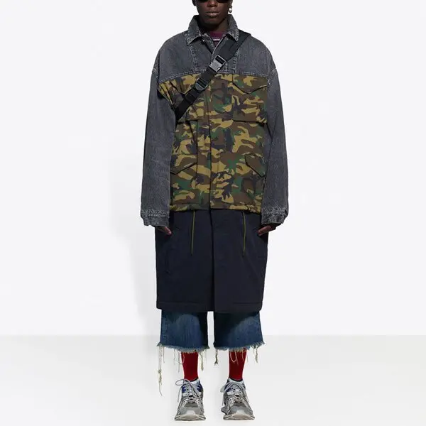 Balenciaga 3 Layered Patchwork Knee Length Car Coat - Green/blue