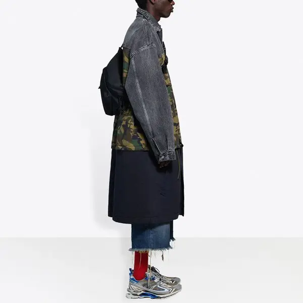 Balenciaga 3 Layered Patchwork Knee Length Car Coat - Green/blue