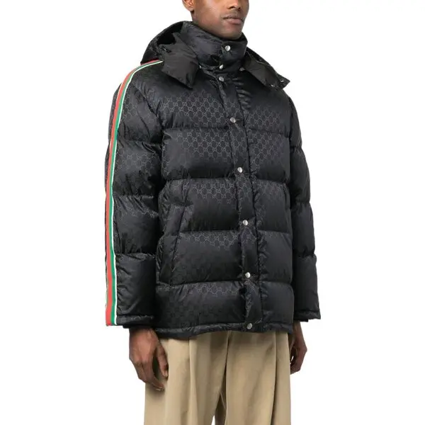 Gucci Gg Nylon Jacquard Down Jacket With Web Detail