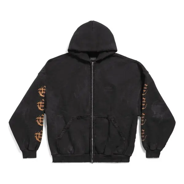 Balenciaga Oversized Zip-up Hoodie With Heavy Metal Detailing - Black Faded