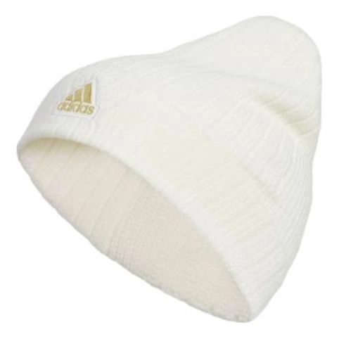 Adidas Originals Ribbed Knit Beanie With Gold Tone Logo - White