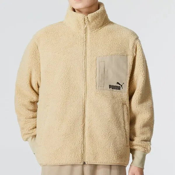 PUMA Relaxed Fit Fleece Jacket With Stand Collar - Brown