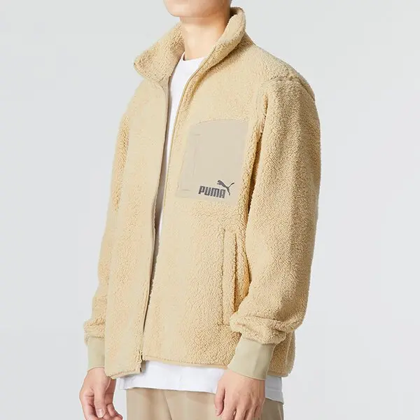 PUMA Relaxed Fit Fleece Jacket With Stand Collar - Brown