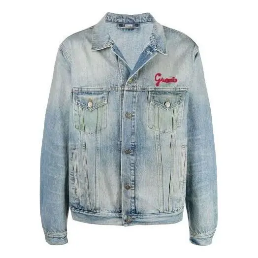 Gucci Cat Logo Embroidered Denim Jacket Denim - Blue