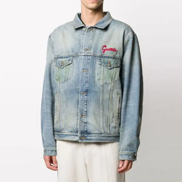 Gucci Cat Logo Embroidered Denim Jacket Denim