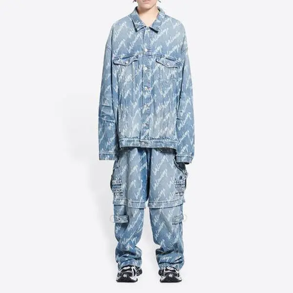 Balenciaga Allover Script Logo Denim Jacket 'light Blue White