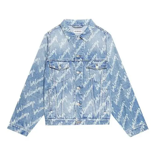 Balenciaga Allover Script Logo Denim Jacket - Light Blue/white