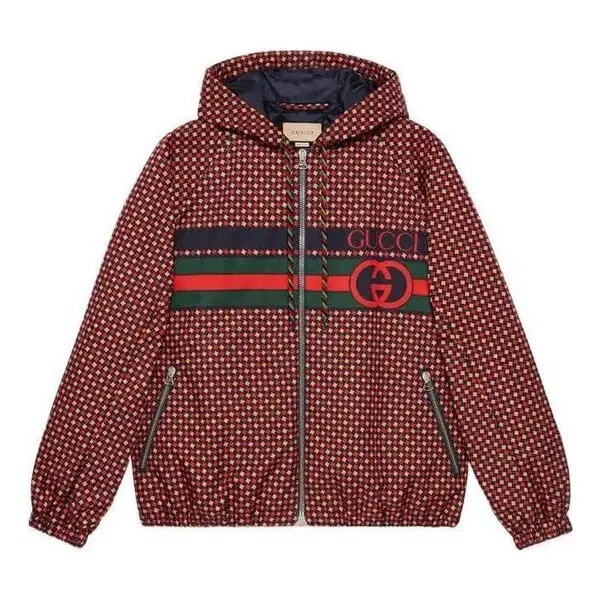Gucci Geometric Houndstooth Zip-up Hooded Jacket - Blue/red/green