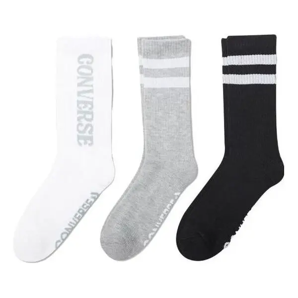 CONVERSE Logo Stripes Crew Socks Three Pair Pack - White/grey/black
