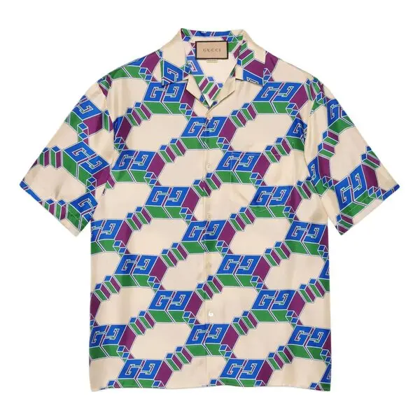 Gucci 3d Gg Print Silk Shirt 'blue Ivory