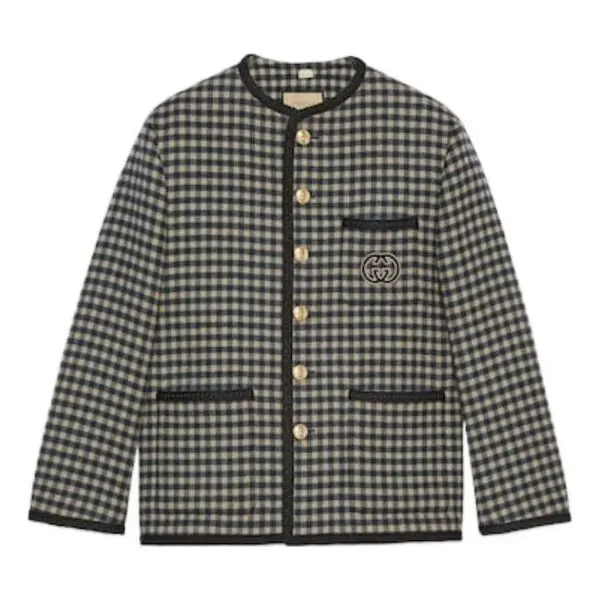 Gucci Wool Gingham Jacket With Interlocking G 'beige Blue