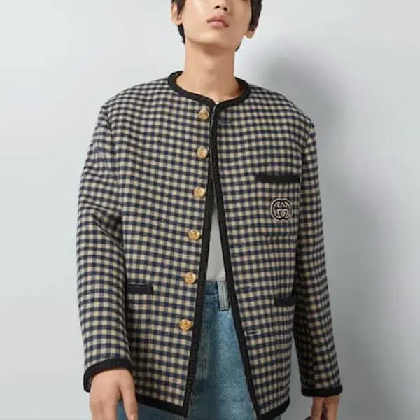 Gucci Wool Gingham Jacket With Interlocking G 'beige Blue