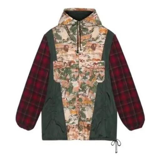 Gucci Nylon Jacket With Feline Print And Plaid Sleeves - Green