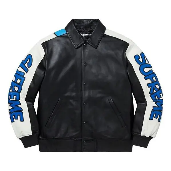 Supreme Smurfs Leather Varsity Jacket 'black Blue White