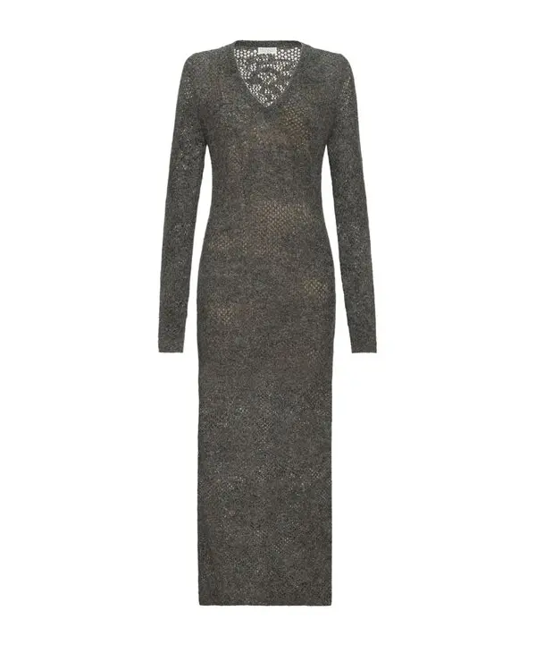 Brunello Cucinelli Lace Flowers Knit Dress In Sparkling Mohair And Virgin Wool - Gun Gray