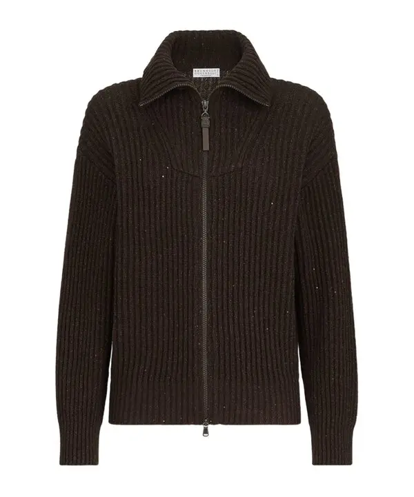 Brunello Cucinelli Sparkling Dazzling Cashmere And Wool Ribbed Cardigan With Shiny Zipper Pull - Brown