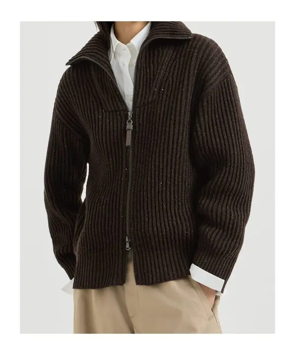 Brunello Cucinelli Ribbed Cardigan With Zipper And Monili Detail - Brown