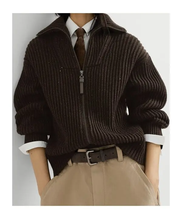 Brunello Cucinelli Ribbed Cardigan With Zipper And Monili Detail - Brown